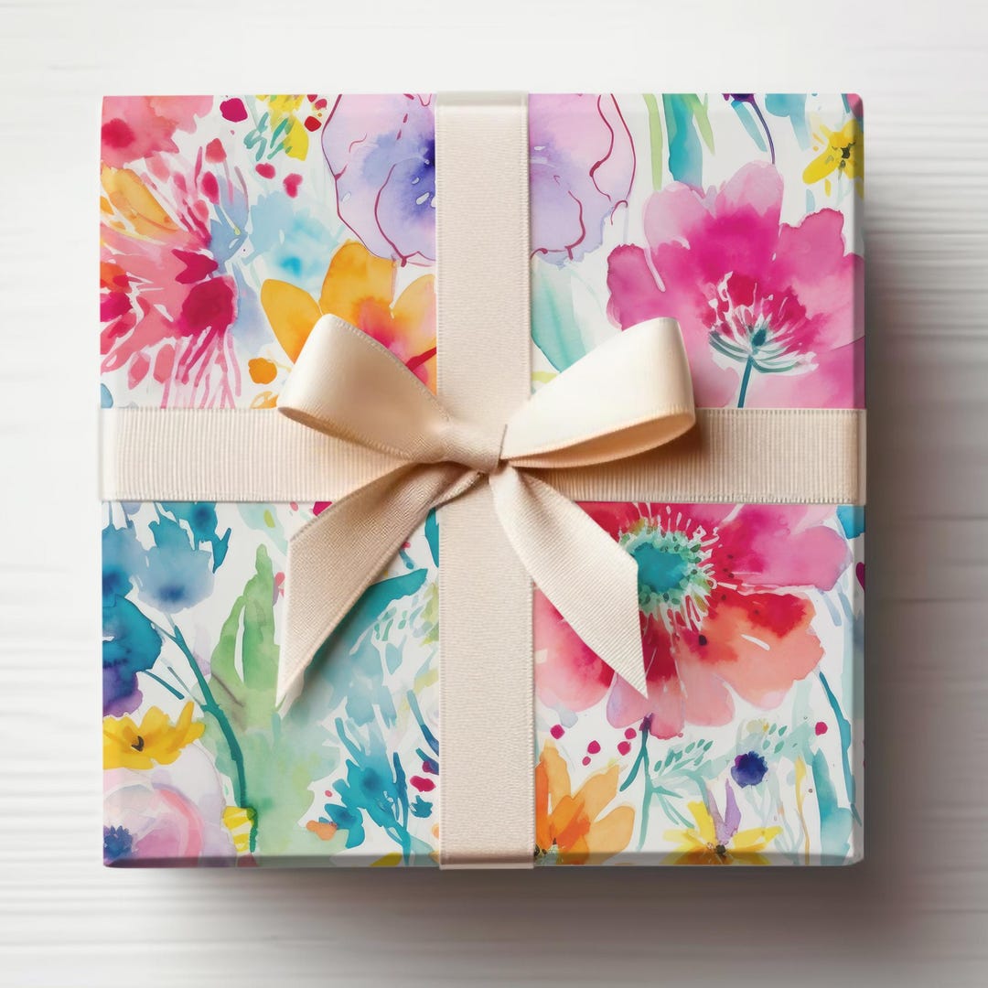 Colorful Watercolor Flowers Wrapping Paper Bright Spring Floral Gift ...