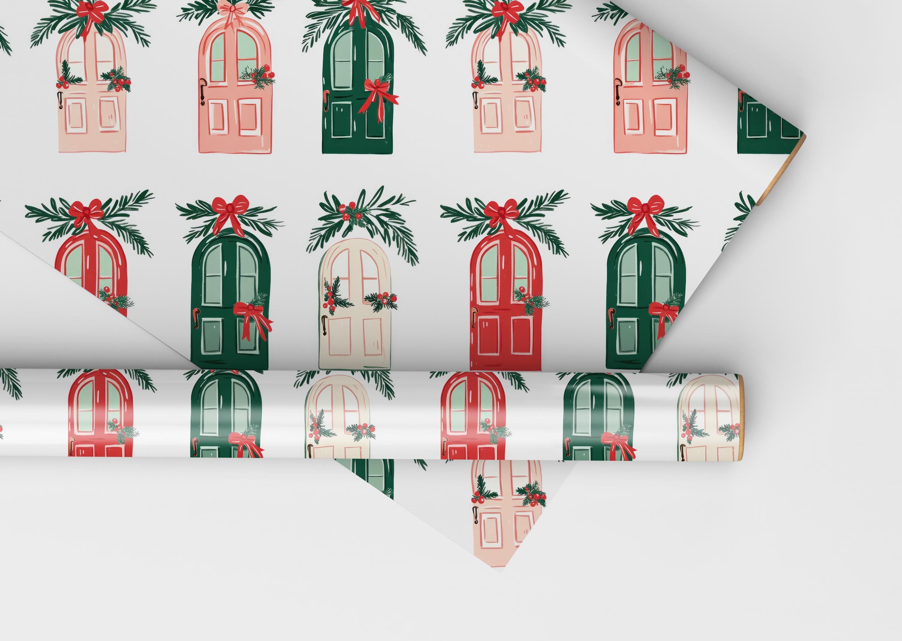 Christmas Doors Wrapping Paper Roll Christmas Cute Wrapping Paper Roll ...