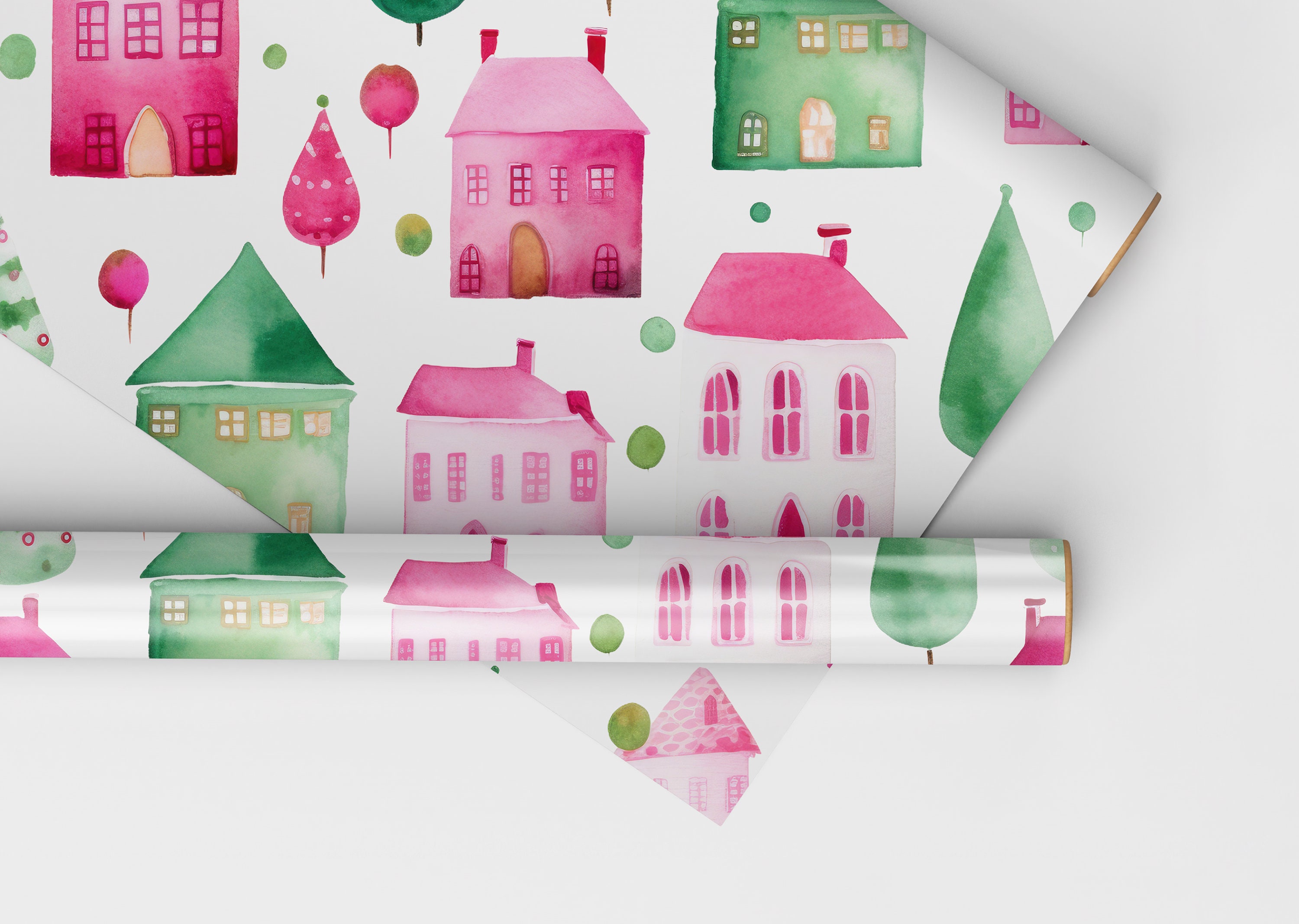 Pink Christmas House Wrapping Paper, Cute Pink Winter Village Wrapping ...