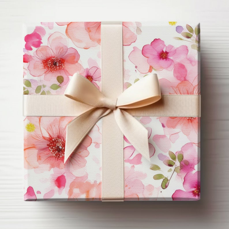 Pink Watercolor Flowers Wrapping Paper Pink Flowers Gift Wrap Roll Pink ...