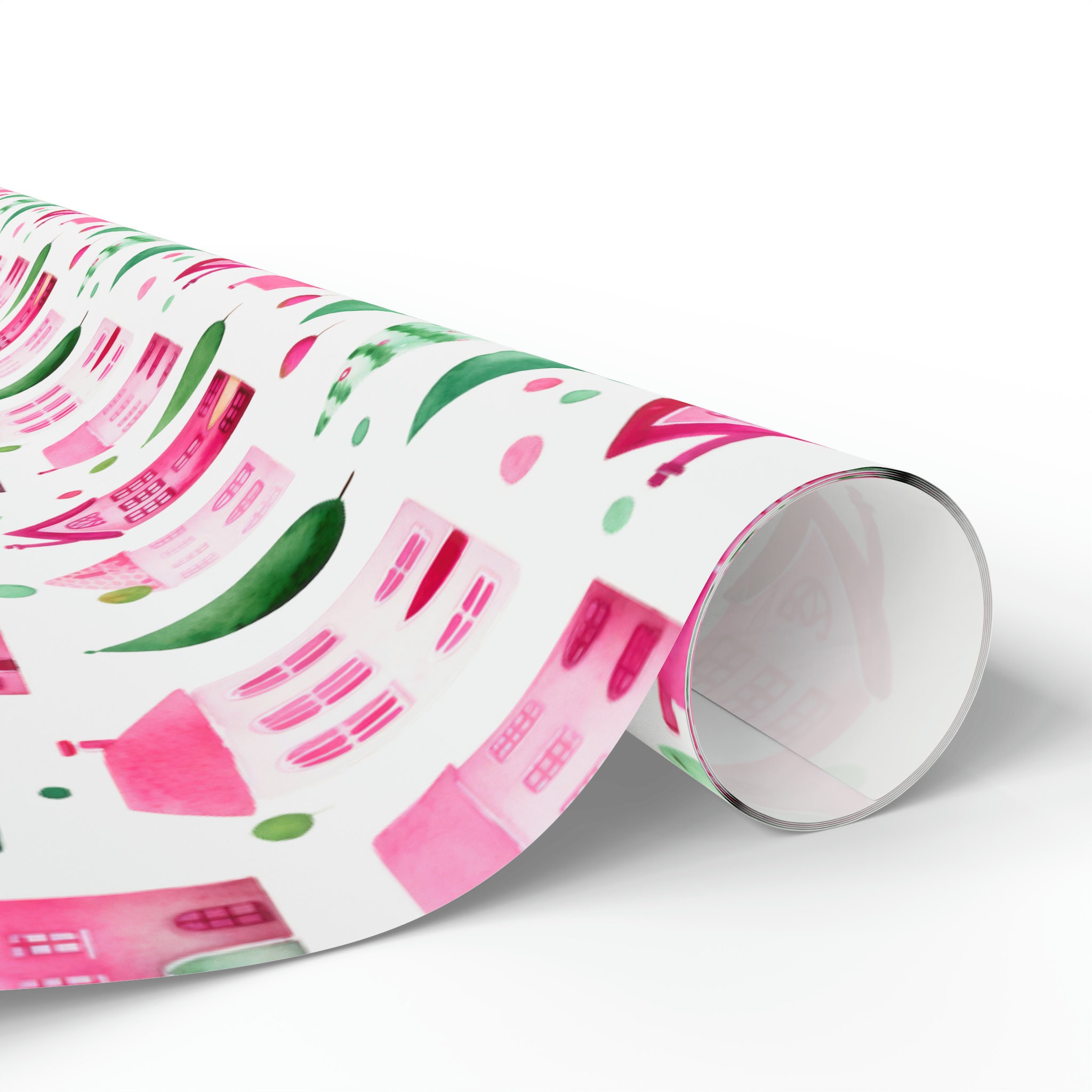 Pink Christmas House Wrapping Paper, Cute Pink Winter Village Wrapping ...