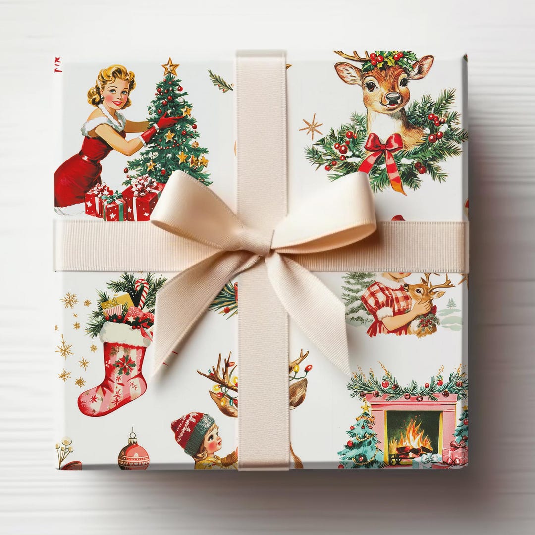 Retro Christmas Wrapping Paper Vintage Christmas Gift Wrap Roll Vintage ...