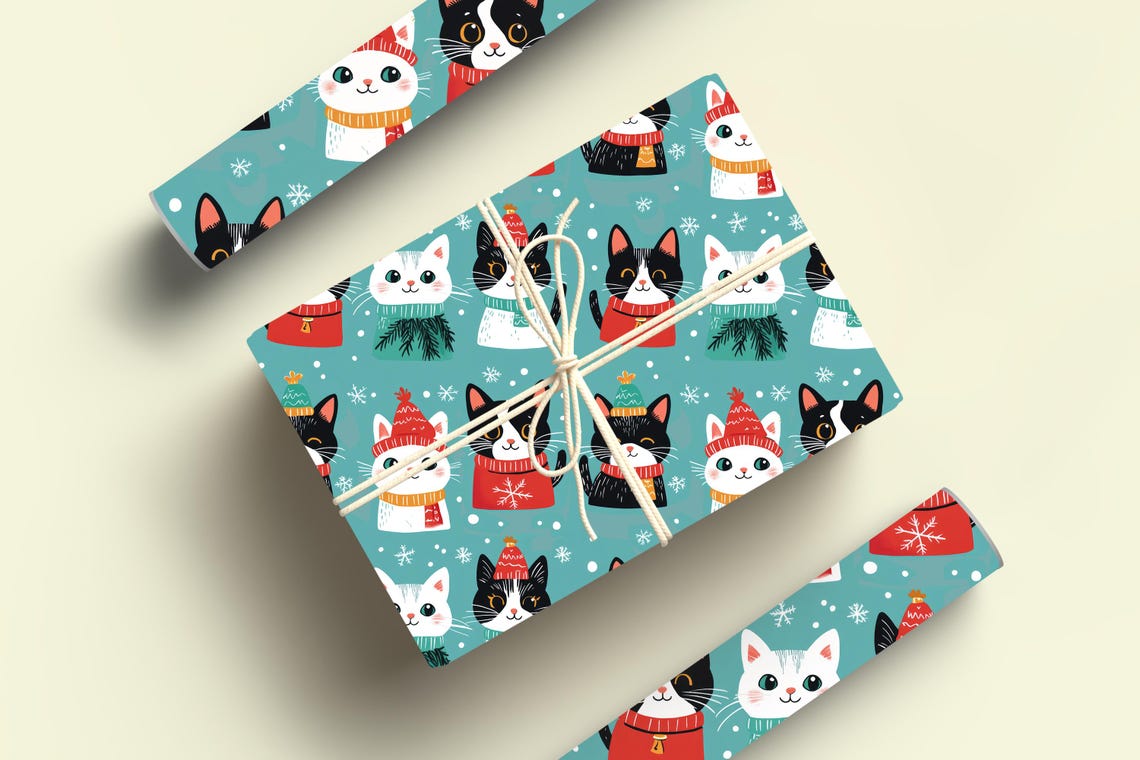 Christmas Cats Wrapping Paper Roll Quirky Cats Gift Wrap Roll, Xmas ...