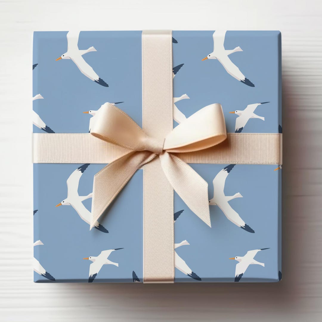 Boy Baby Shower Gift Wrap, Boy Gift Wrap Roll, Cute Seagulls Beachy ...