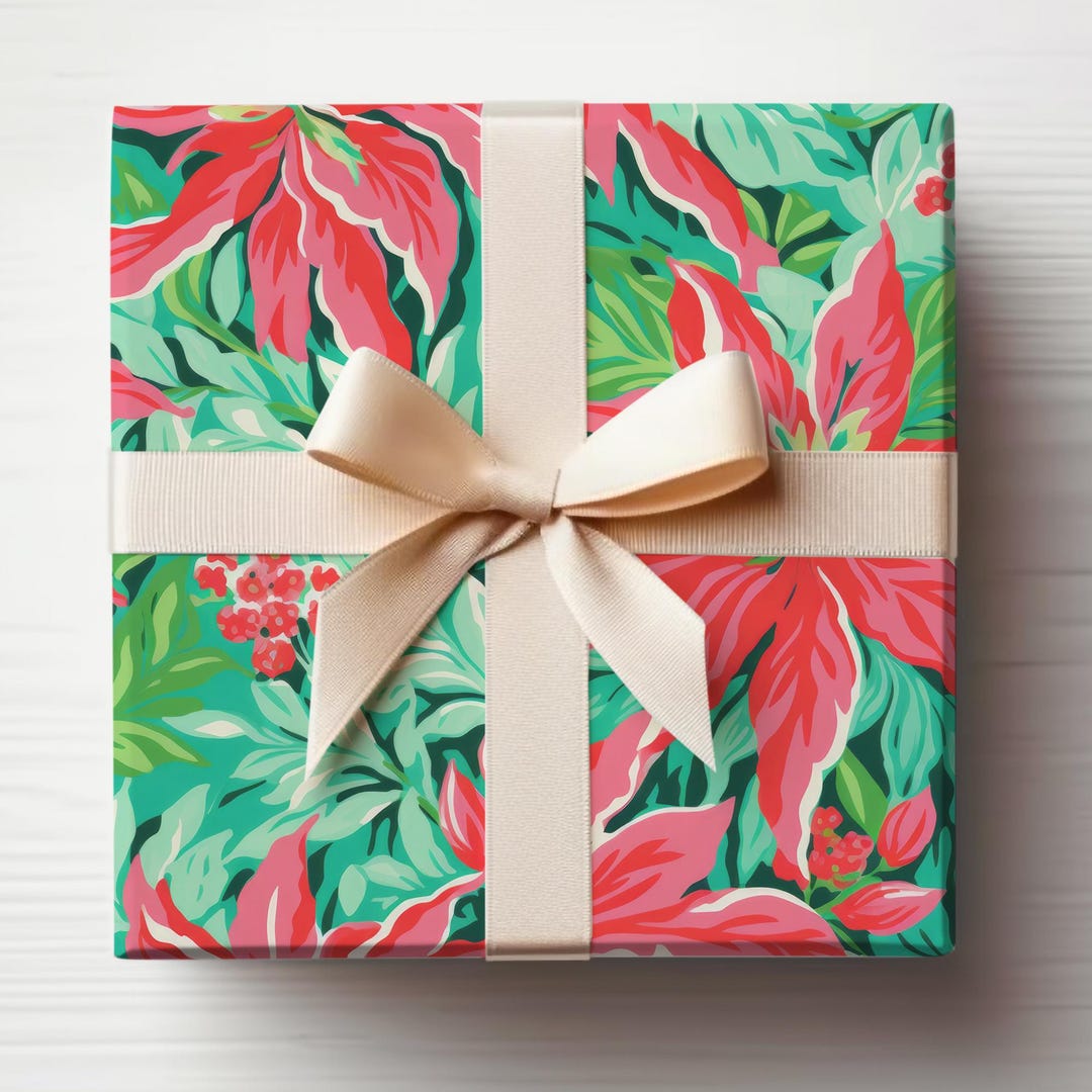 Preppy Christmas Wrapping Paper Poinsettia Wrapping Paper Roll, Mint ...
