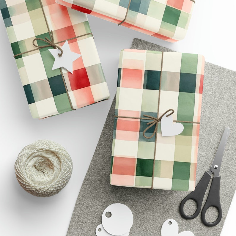 Christmas Plaid Wrapping Paper, Gingham Wrapping Paper, Watercolor ...