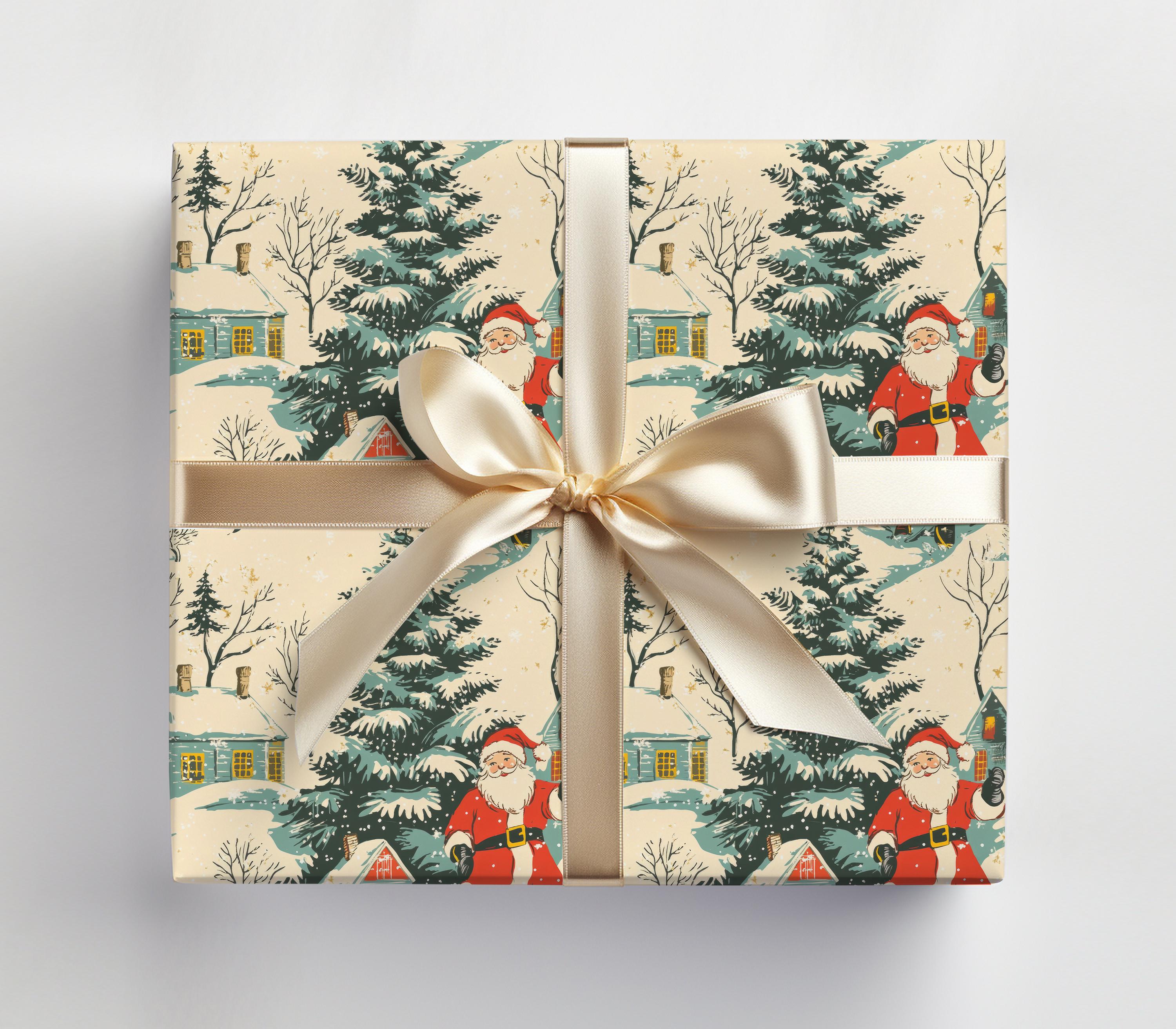 Vintage Christmas Wrapping Paper Roll Retro Santa Gift Wrapping Roll ...
