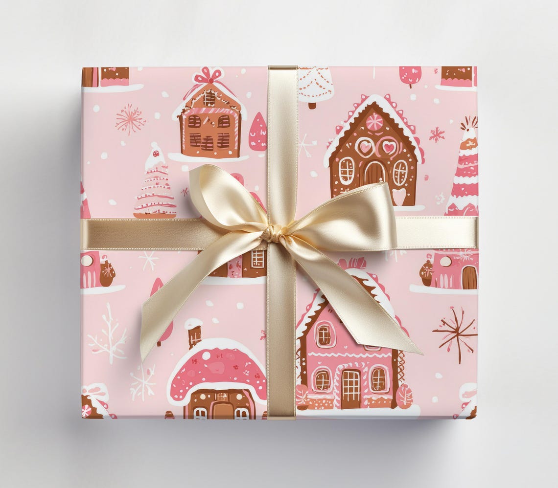 Pink Gingerbread House Wrapping Paper Roll Pink Gingerbread Christmas ...