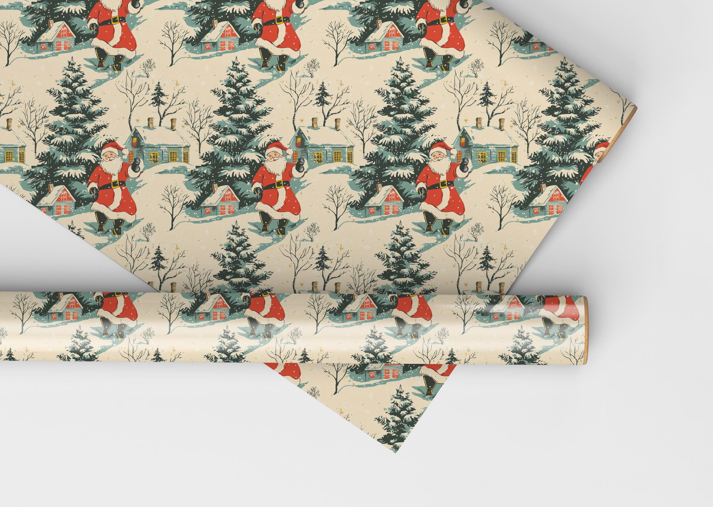 Vintage Christmas Wrapping Paper Roll Retro Santa Gift Wrapping Roll ...