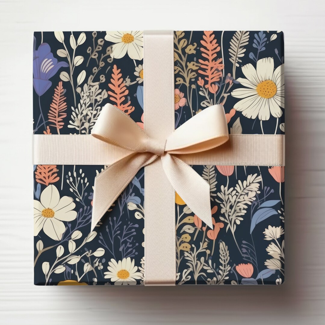 Black Flowers Gift Wrap, Modern Floral Wrapping Paper Roll, Daisy ...