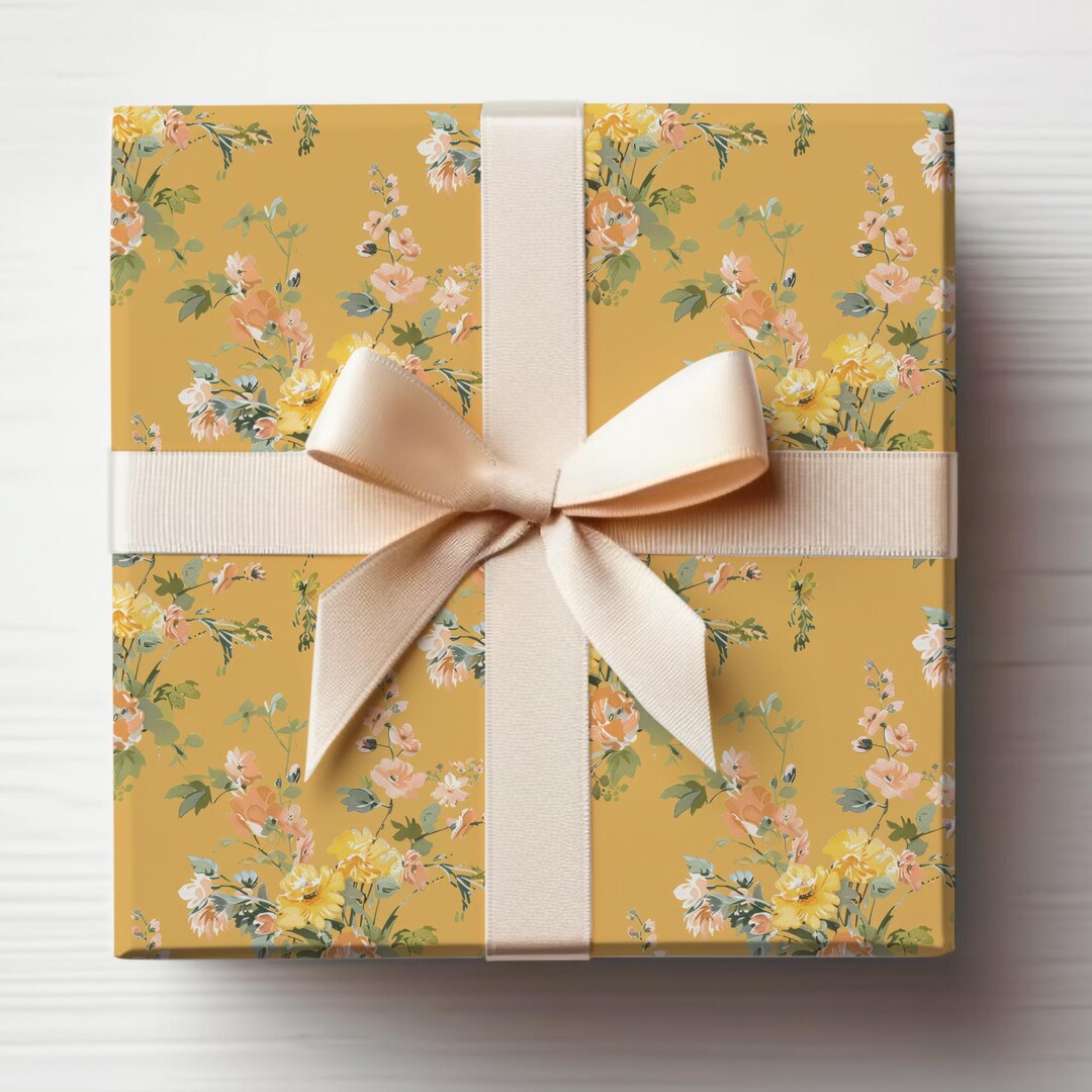 Yellow Vintage Floral Wrapping Paper Yellow Wildflower Gift Wrapping ...