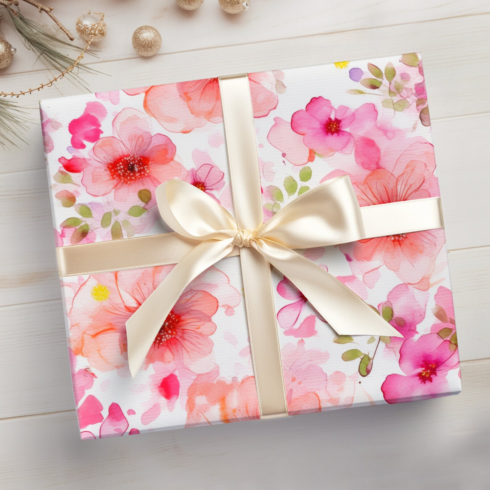 Pink Watercolor Flowers Wrapping Paper Pink Flowers Gift Wrap Roll Pink ...