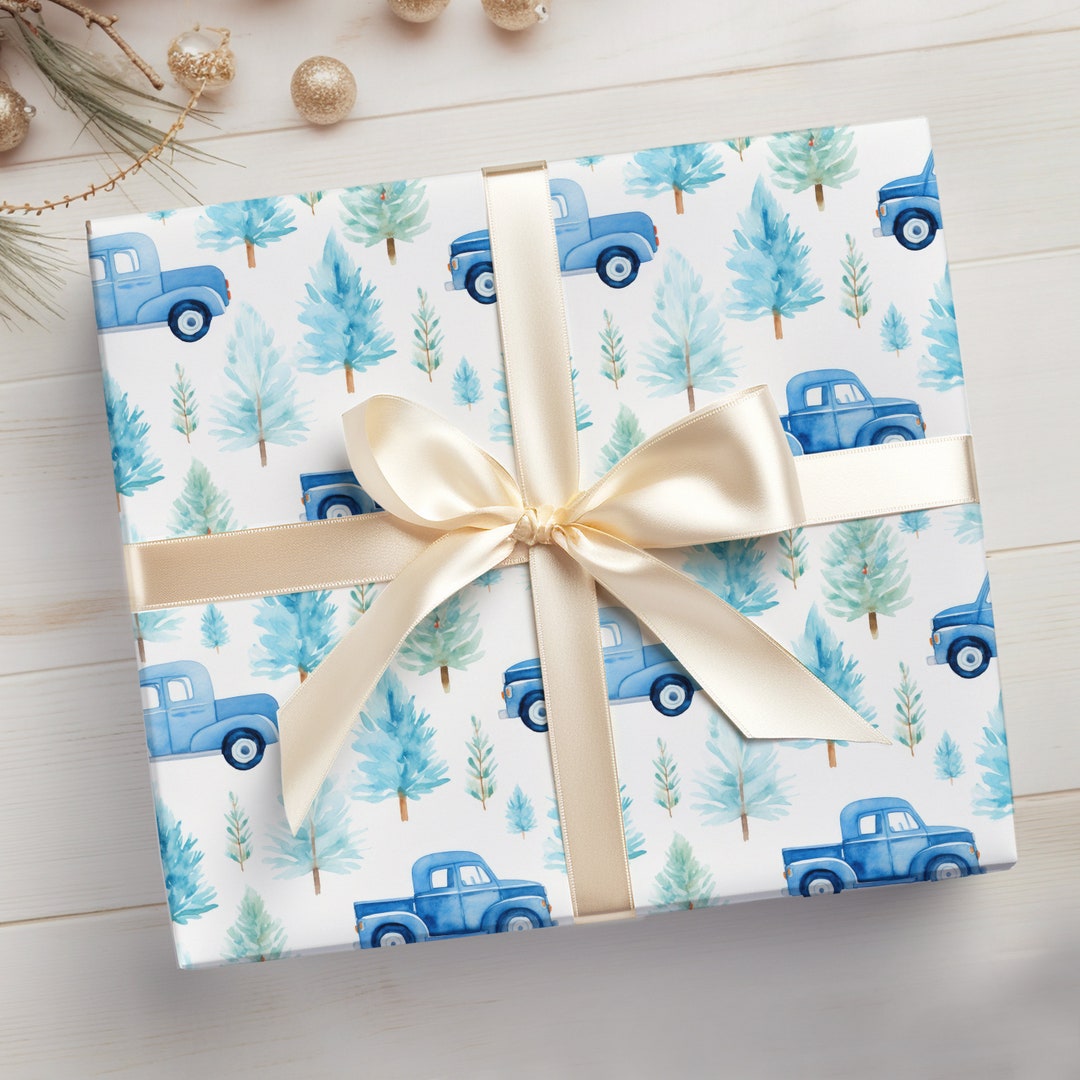 Cute Blue Christmas Truck Wrapping Paper Vintage Truck, Cute Blue ...