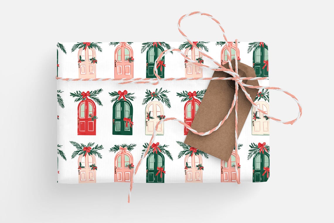 Christmas Doors Wrapping Paper Roll Christmas Cute Wrapping Paper Roll ...