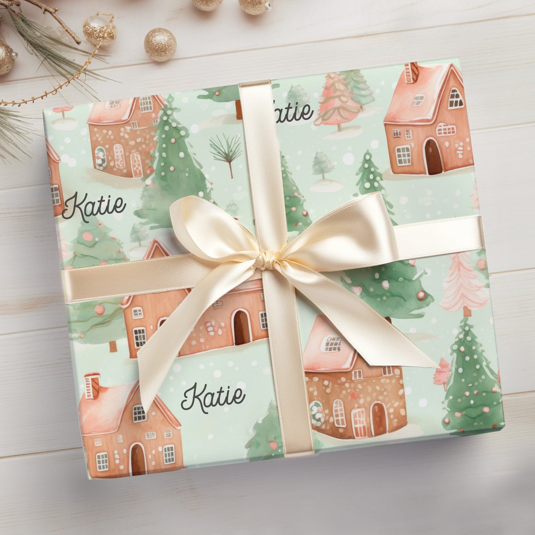 Customized Name Gingerbread House Wrapping Paper Roll, Pink Gingerbread ...