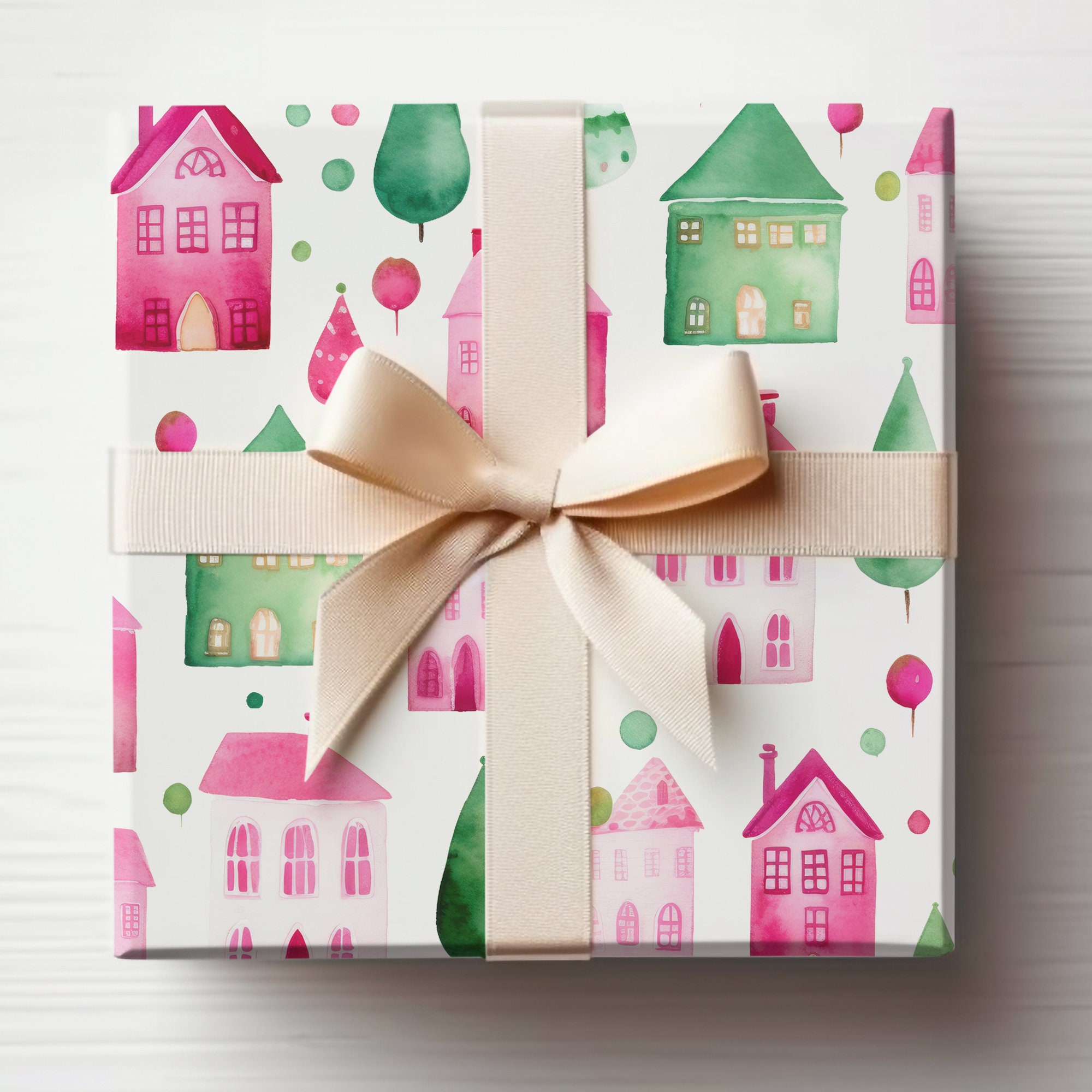 Pink Christmas House Wrapping Paper, Cute Pink Winter Village Wrapping ...