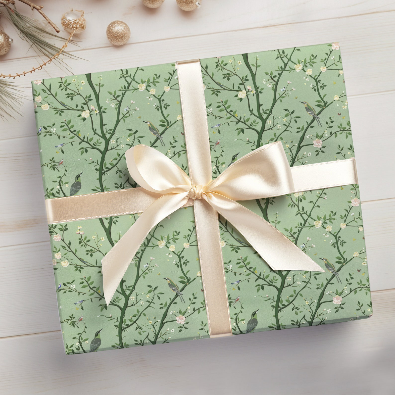 Sage Green Chinoiserie Wrapping Paper Roll, Sage Green Wrapping Paper ...