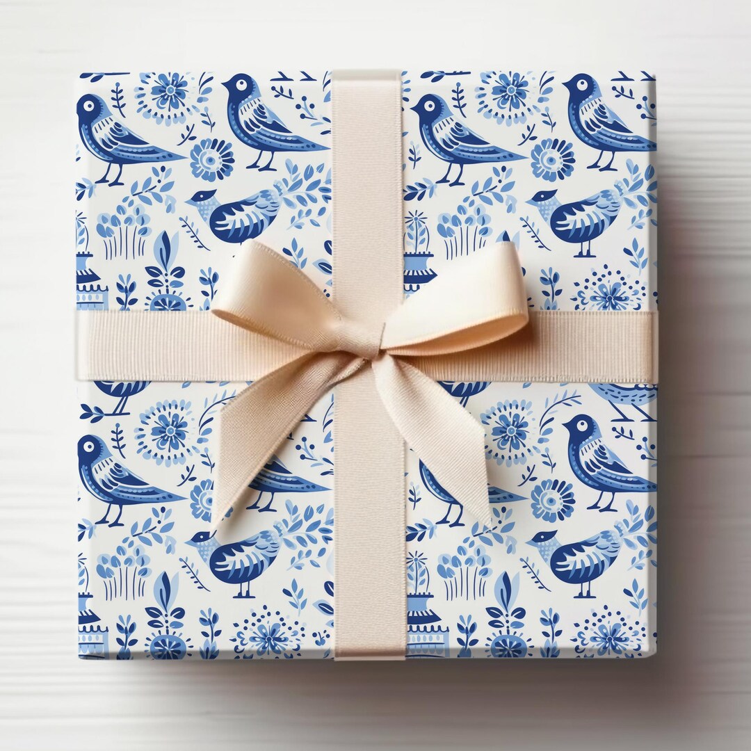 Scandi Birds Wrapping Paper Winter Birds Gift Wrap Blue and White ...