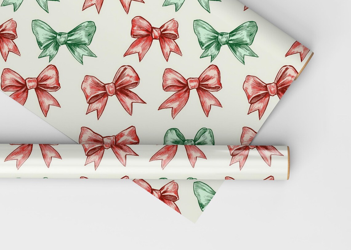 Red and Green Bows Wrapping Paper Cute Christmas Bows Gift Wrapping ...