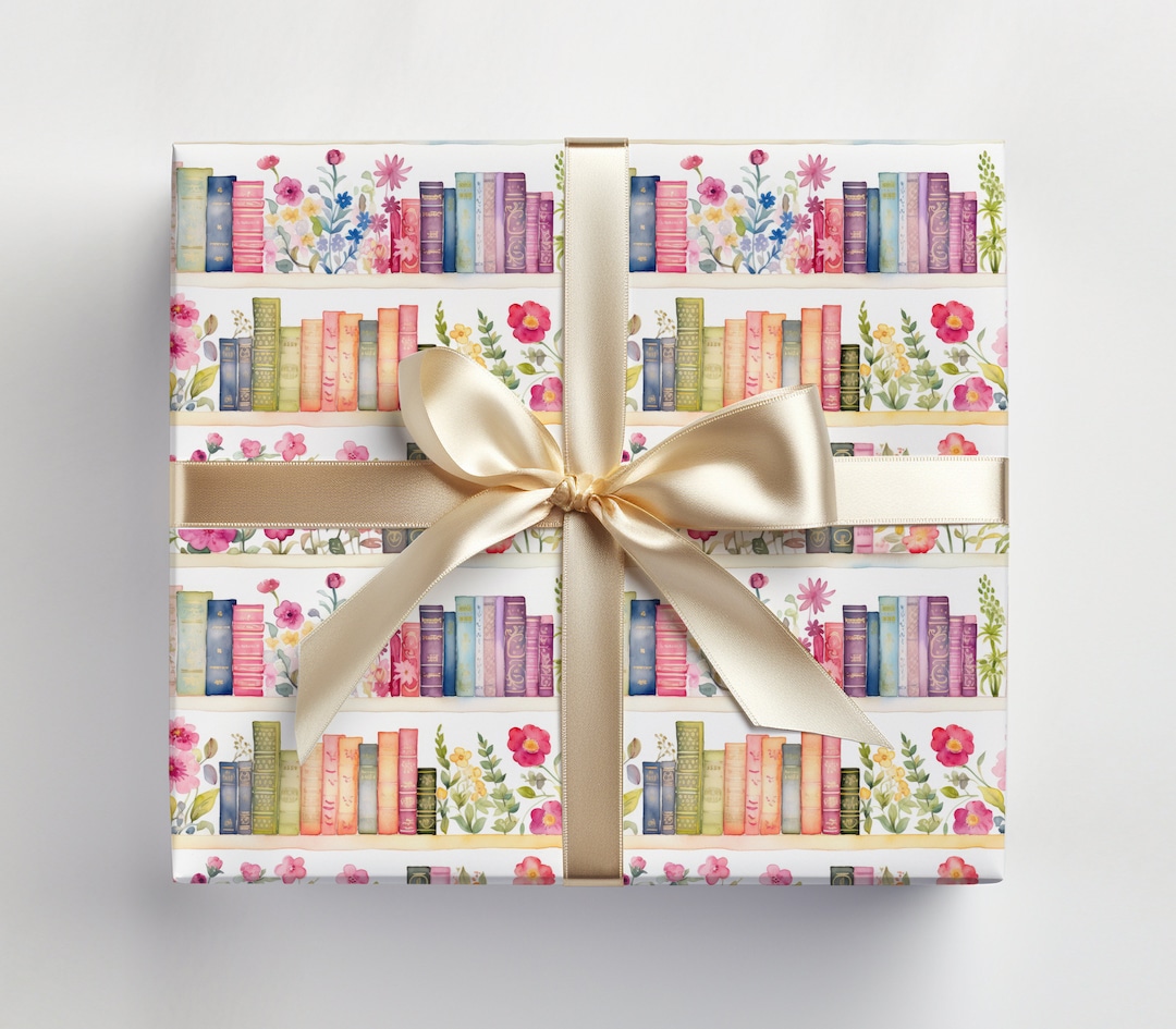 Books Wrapping Paper Roll Books Gift Wrap Roll, Watercolor Bookshelf ...