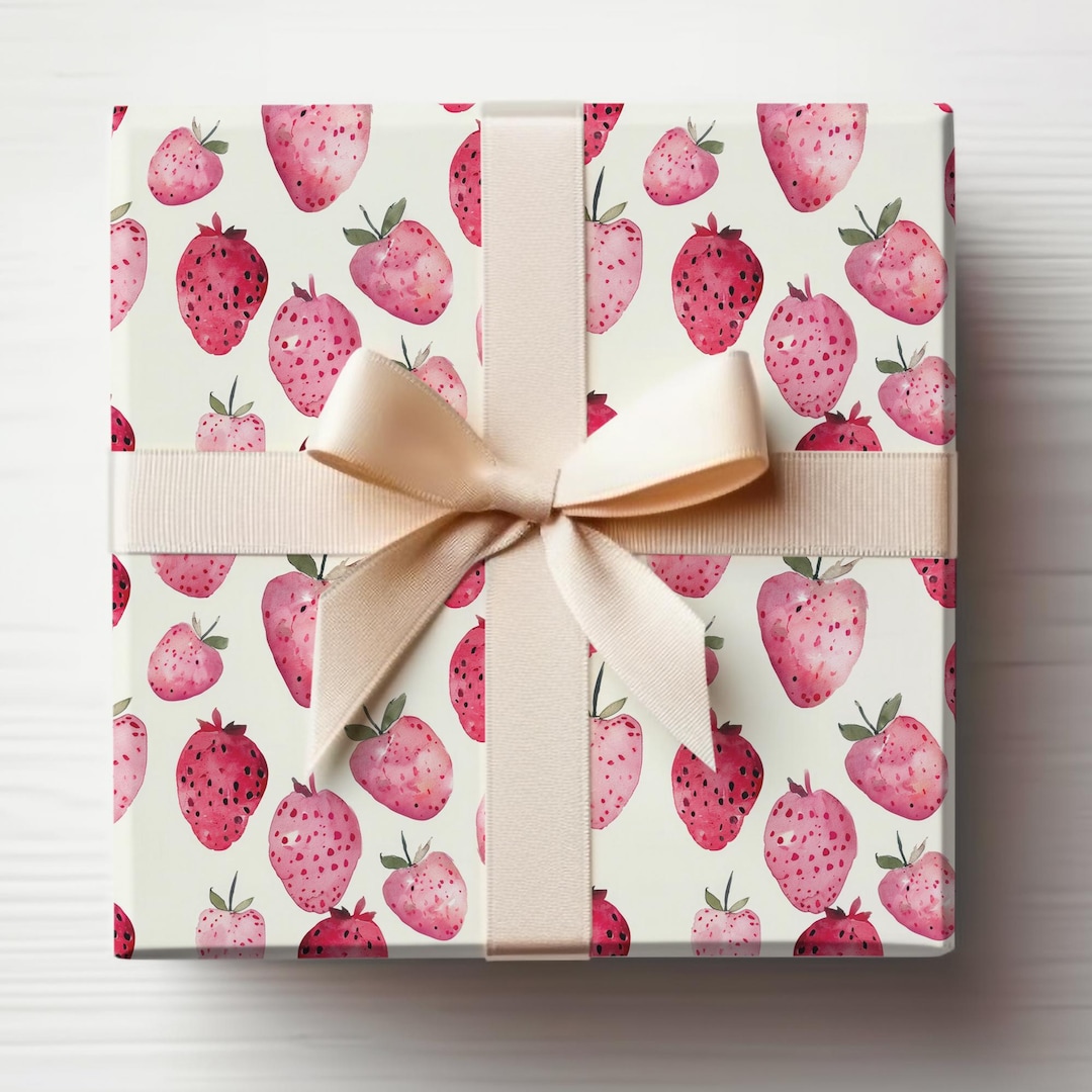Watercolor Strawberry Wrapping Paper Roll Pink Strawberries Gift Wrap ...