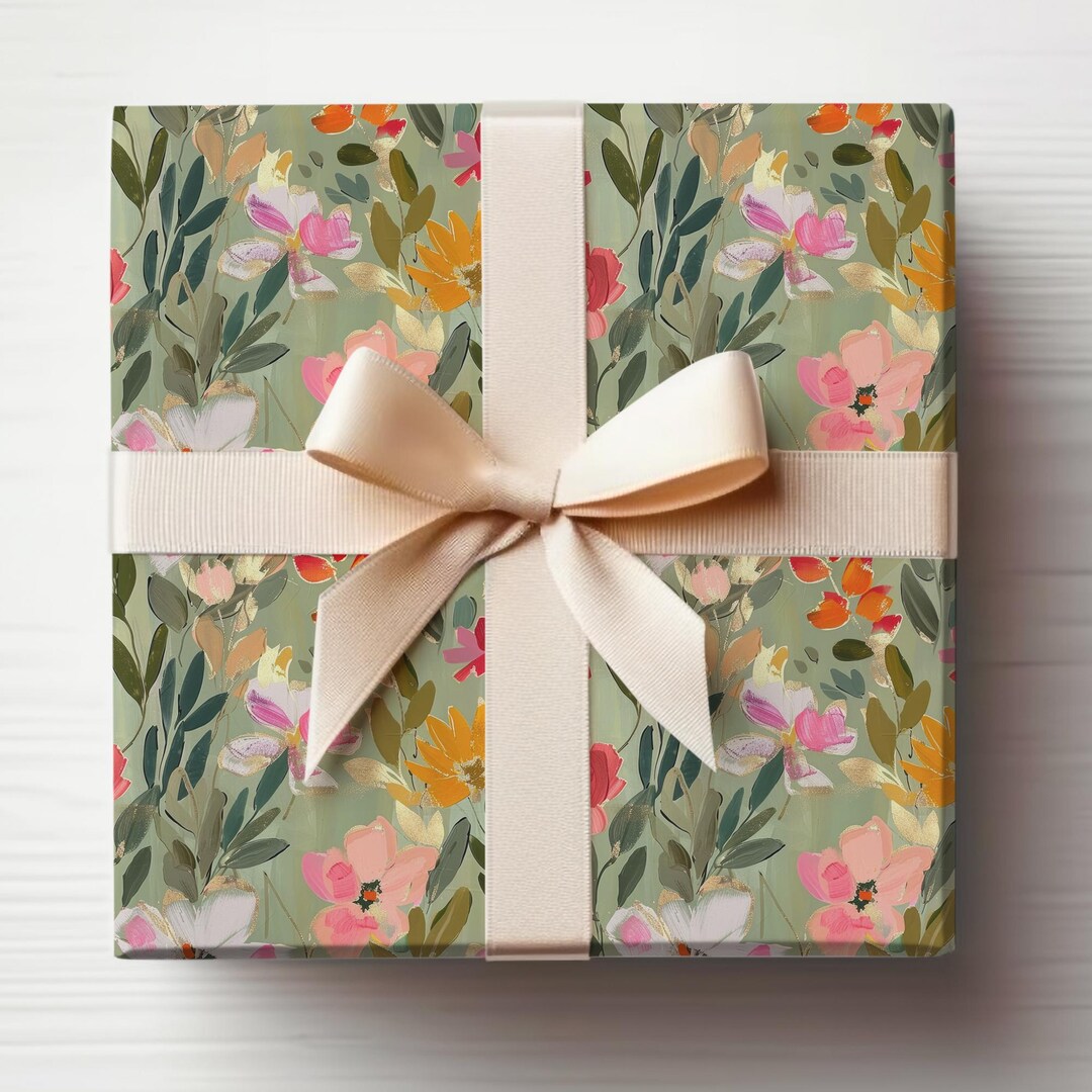 Sage Green Floral Wrapping Paper Modern Painted Flowers Wrapping Paper ...