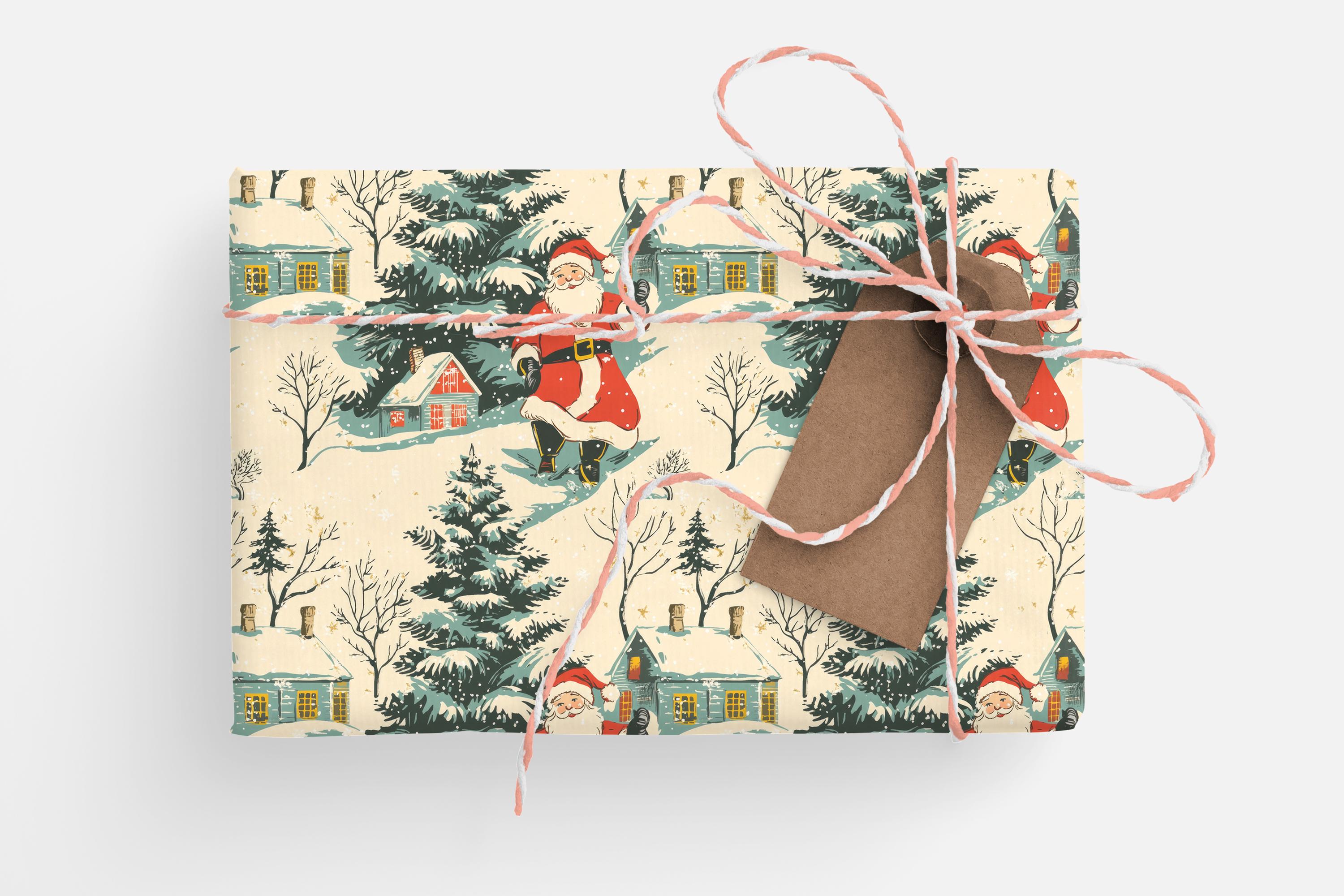 Vintage Christmas Wrapping Paper Roll Retro Santa Gift Wrapping Roll ...