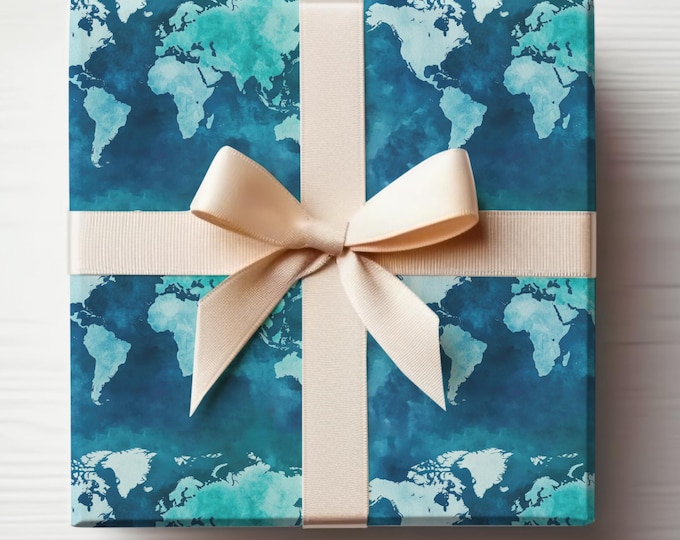 Metallic World Map Gift Wrap Christmas, Wrapping Paper, Gift for Him ...
