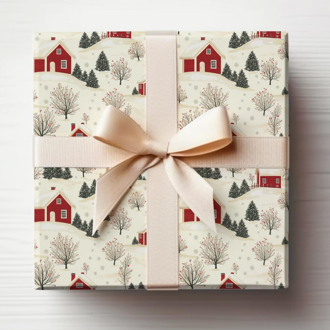 Christmas Farmhouse Wrapping Paper Red Barn Wrapping Paper Christmas ...