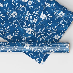 Delicate Blue Floral Wrapping Paper Roll, Blue Vines Gift Wrap Roll ...