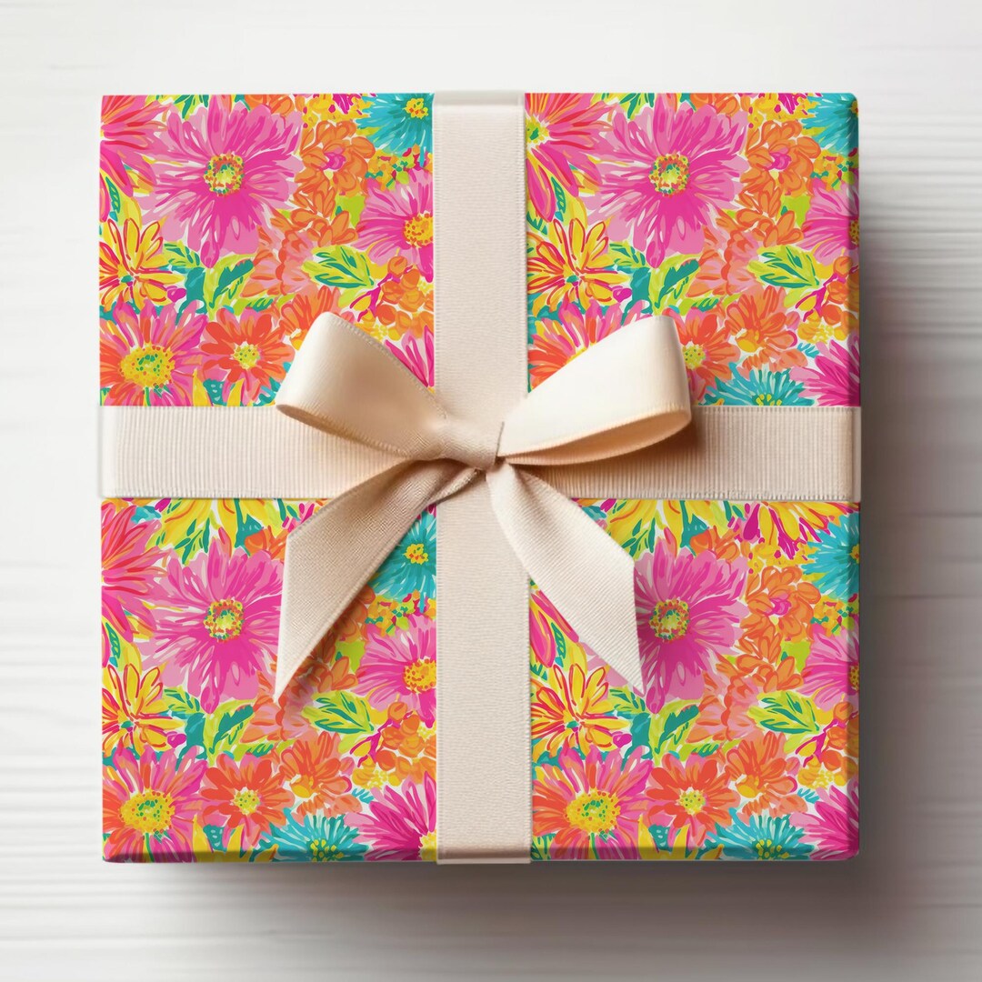 Neon Pink Wrapping Paper Roll Neon Pink Floral Gift Wrap Girly Birthday ...