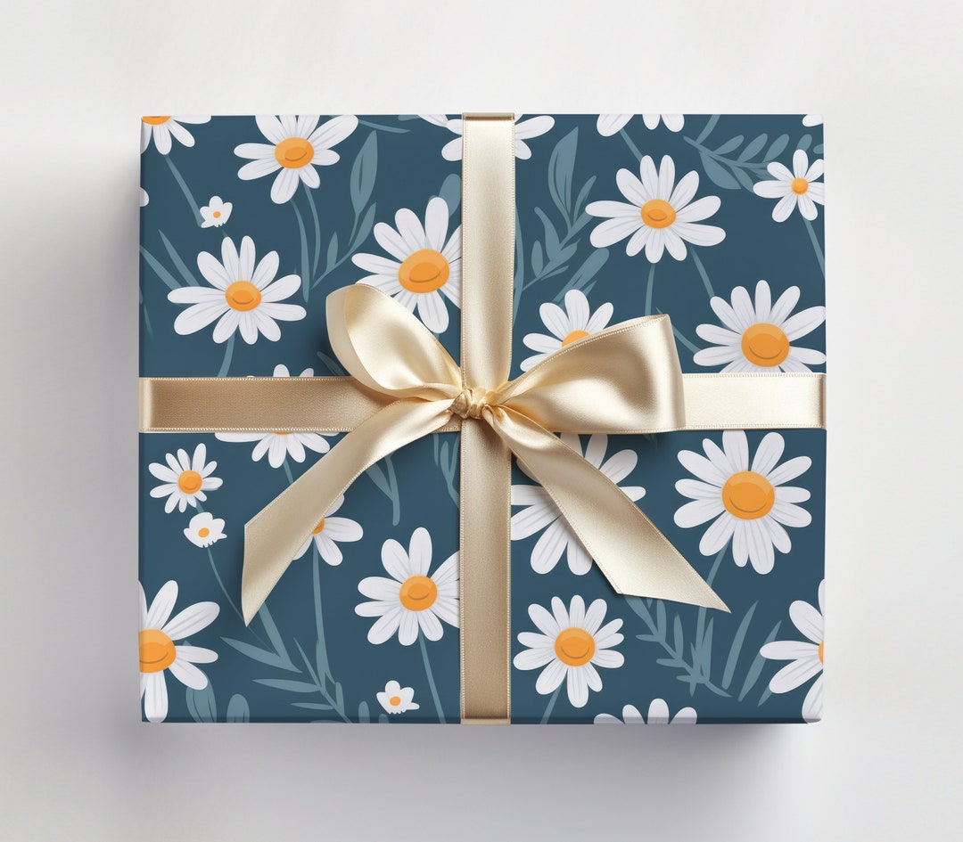 Navy Blue Daisy Wrapping Paper Roll, Retro Daisy Wrapping Paper, Dark ...