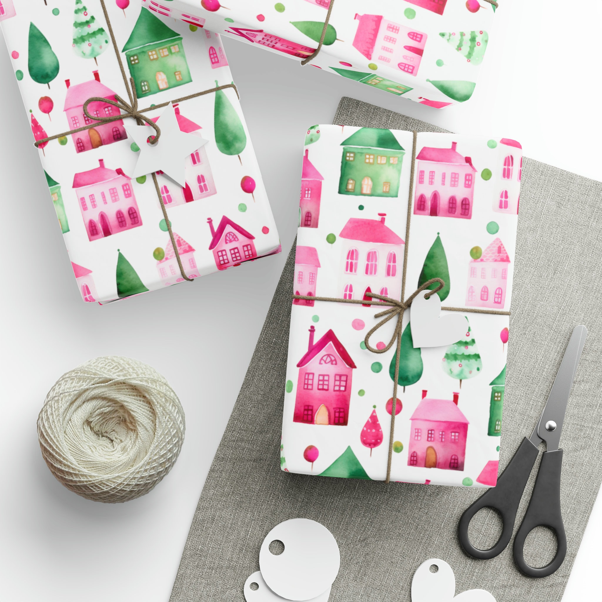 Pink Christmas House Wrapping Paper, Cute Pink Winter Village Wrapping ...