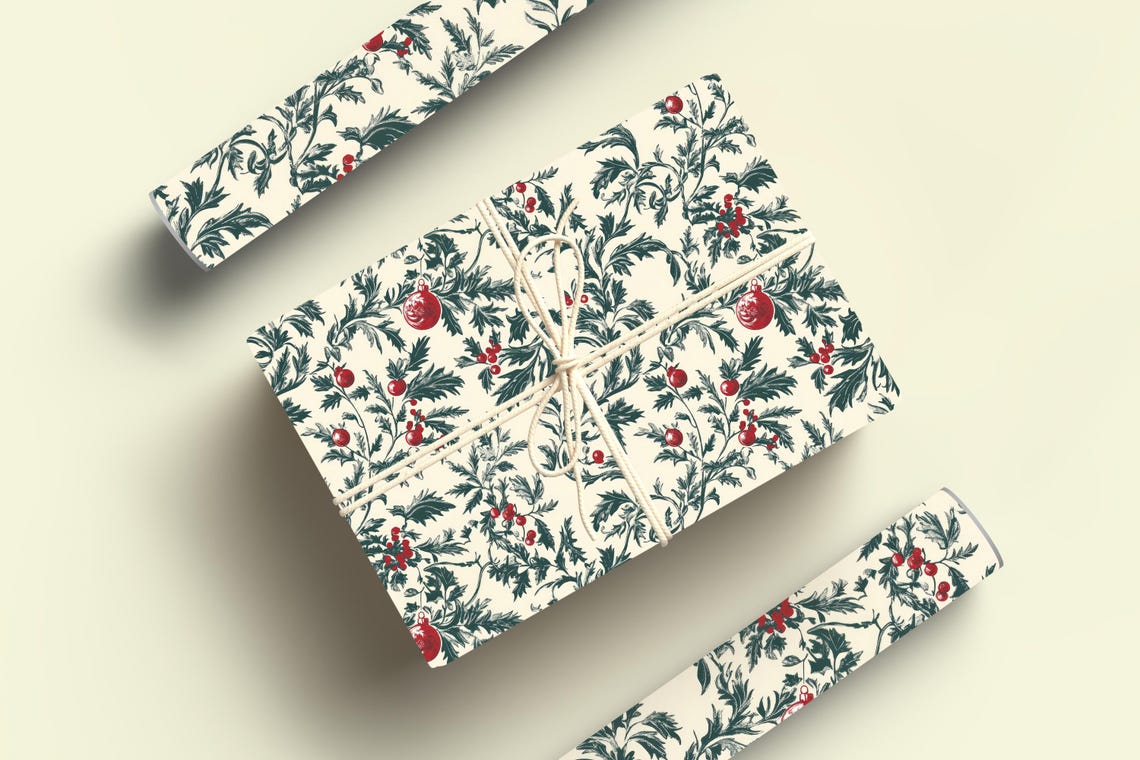 Vintage Christmas Toile Wrapping Paper Roll Red and Green Toile Gift ...