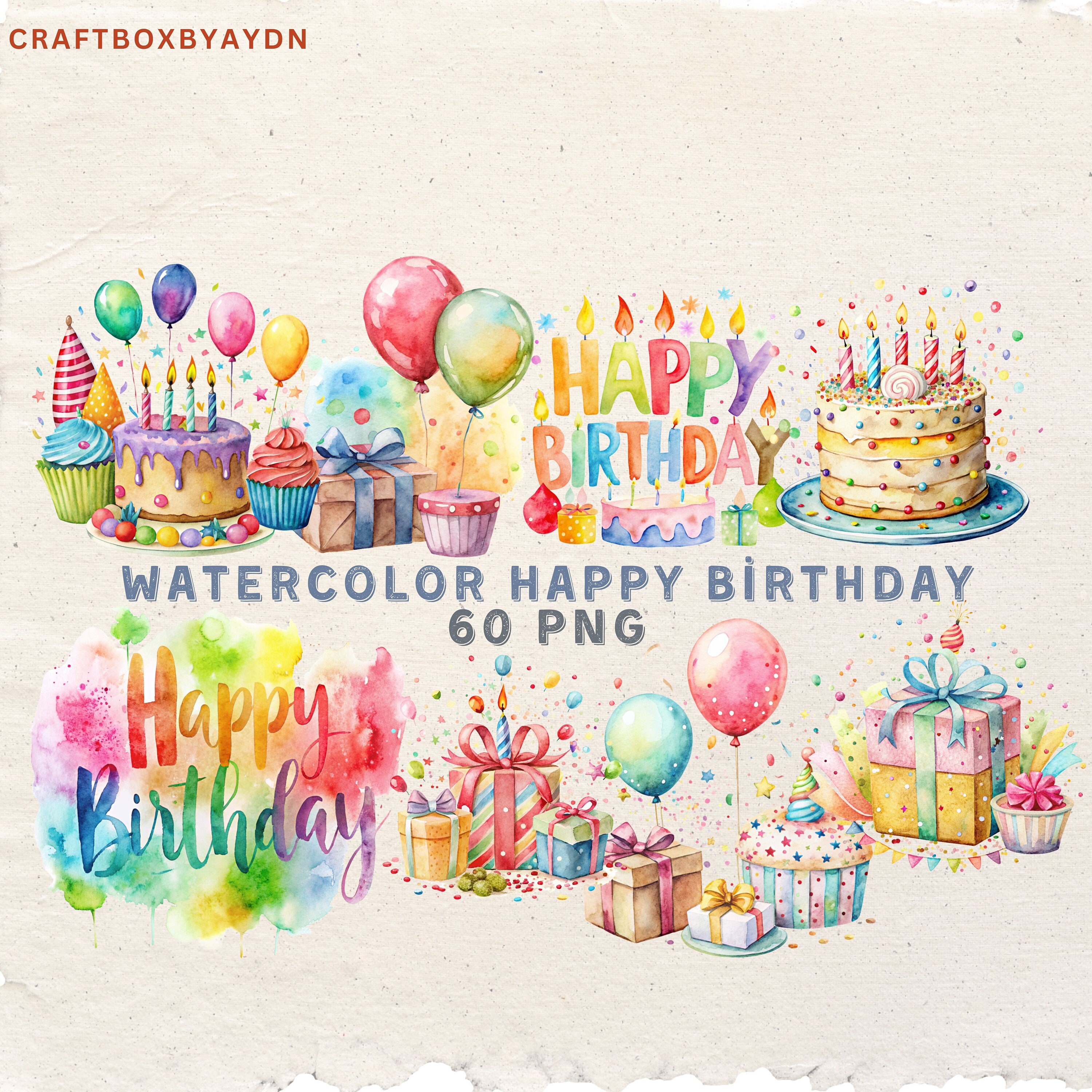 Watercolor Birthday Party Clipart, Balloons, Birthday Present, Festive ...