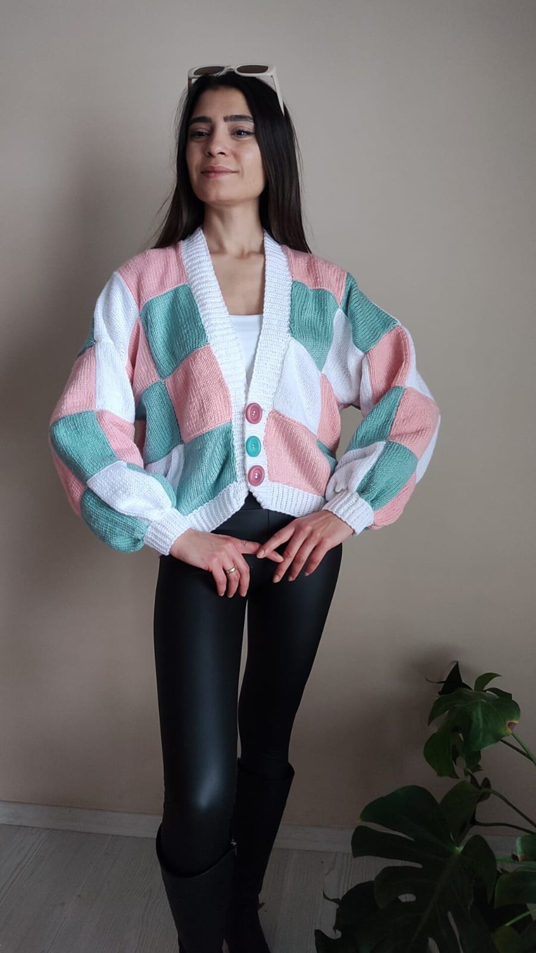 Patchwork Oversized Sweater: Handcrafted Artistry,green Pink White ...