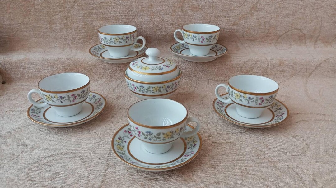 Porcelain Cup and Saucer, Sugar Bowl, Coffee Pair "kahla" GDR. White Floral Ornament. Tableware ...
