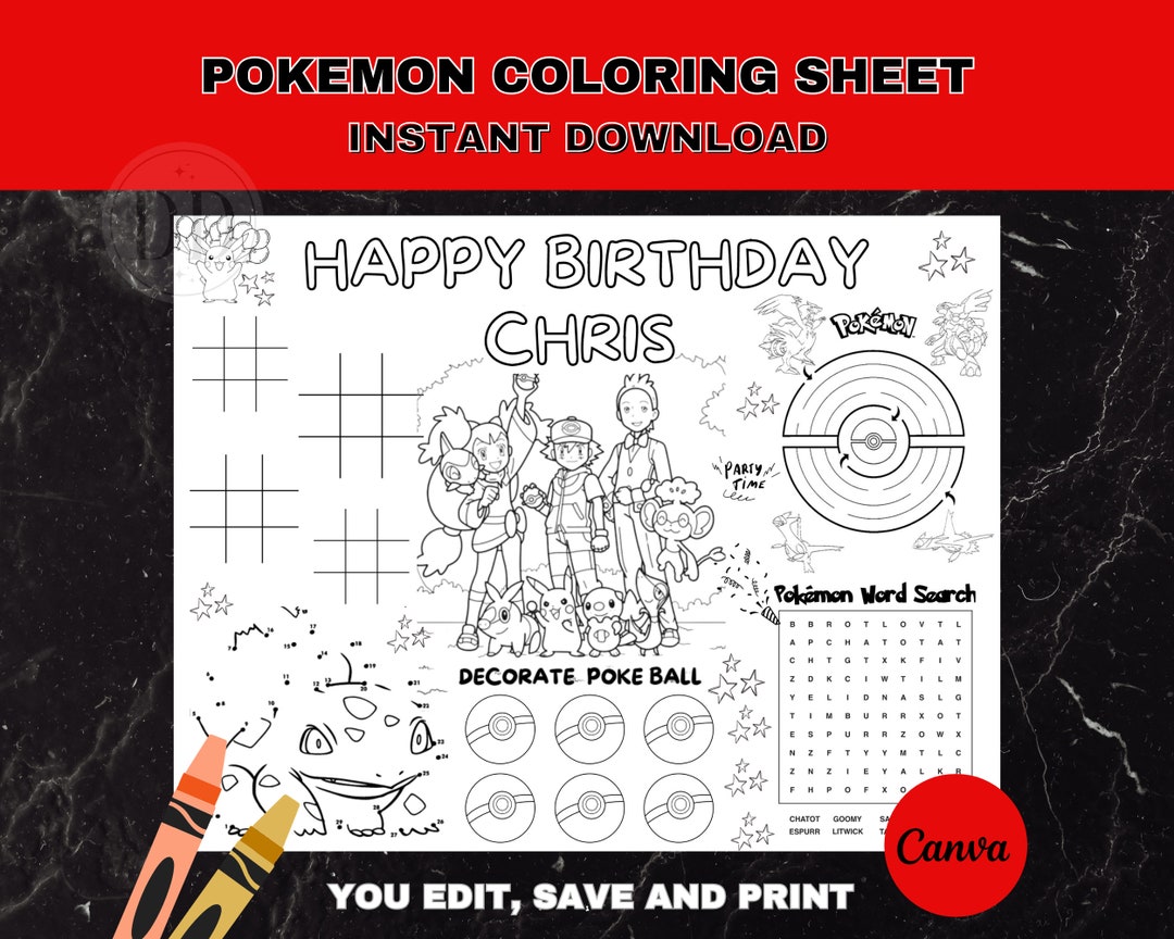 Printable Pokemon Coloring Activity Sheet Pikachu Birthday - Etsy
