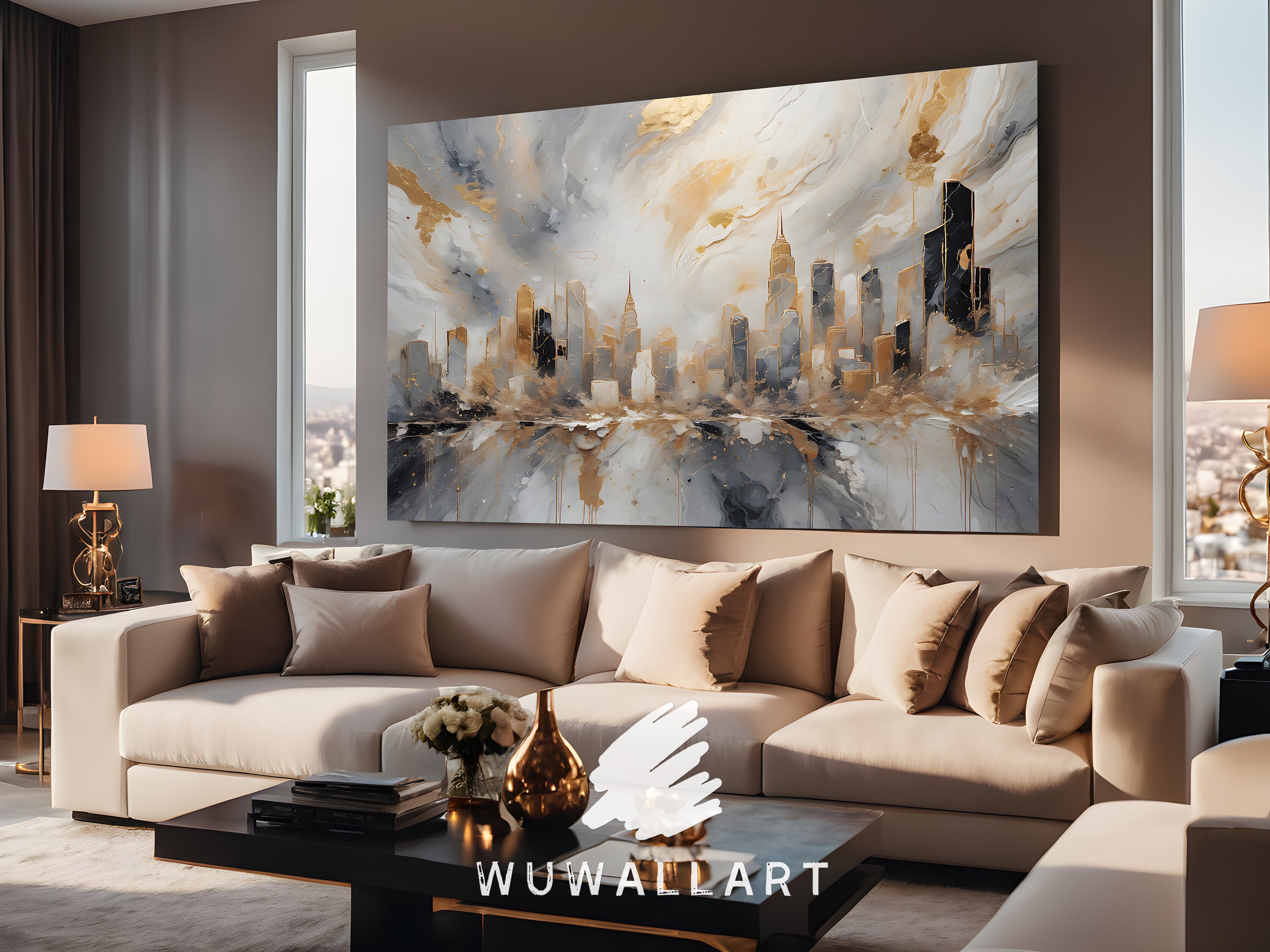 Gold Grey Abstract Cityscape Art Print: Modern Home Decor (digital ...