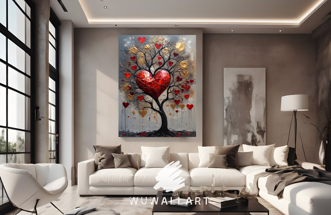 Large Abstract Heart Tree Wall Art With Gold Accents for Modern Home ...