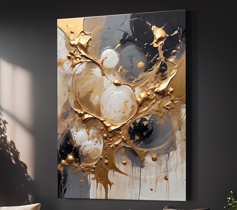 Abstract Painting With Gold and Black Splashes Artwork Modern Decor ...