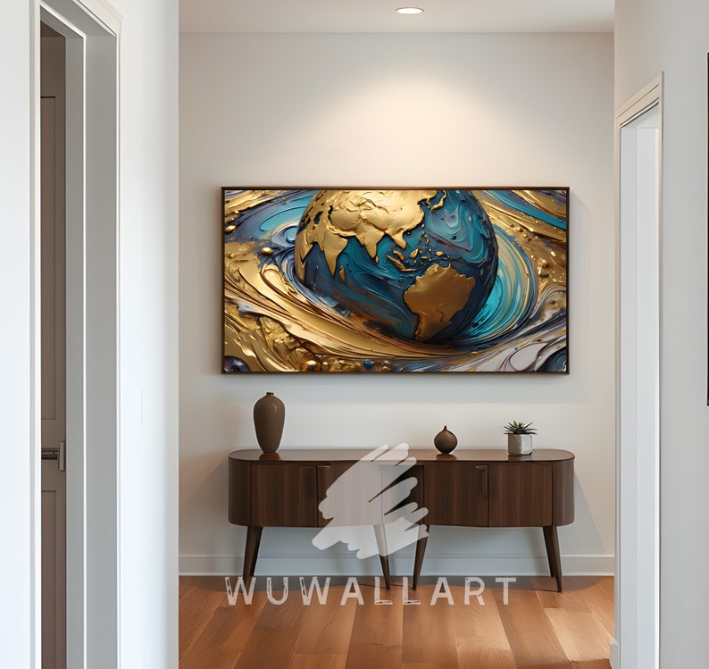 Gold and Teal Earth Abstract Art, World Map Digital Download, Textured ...