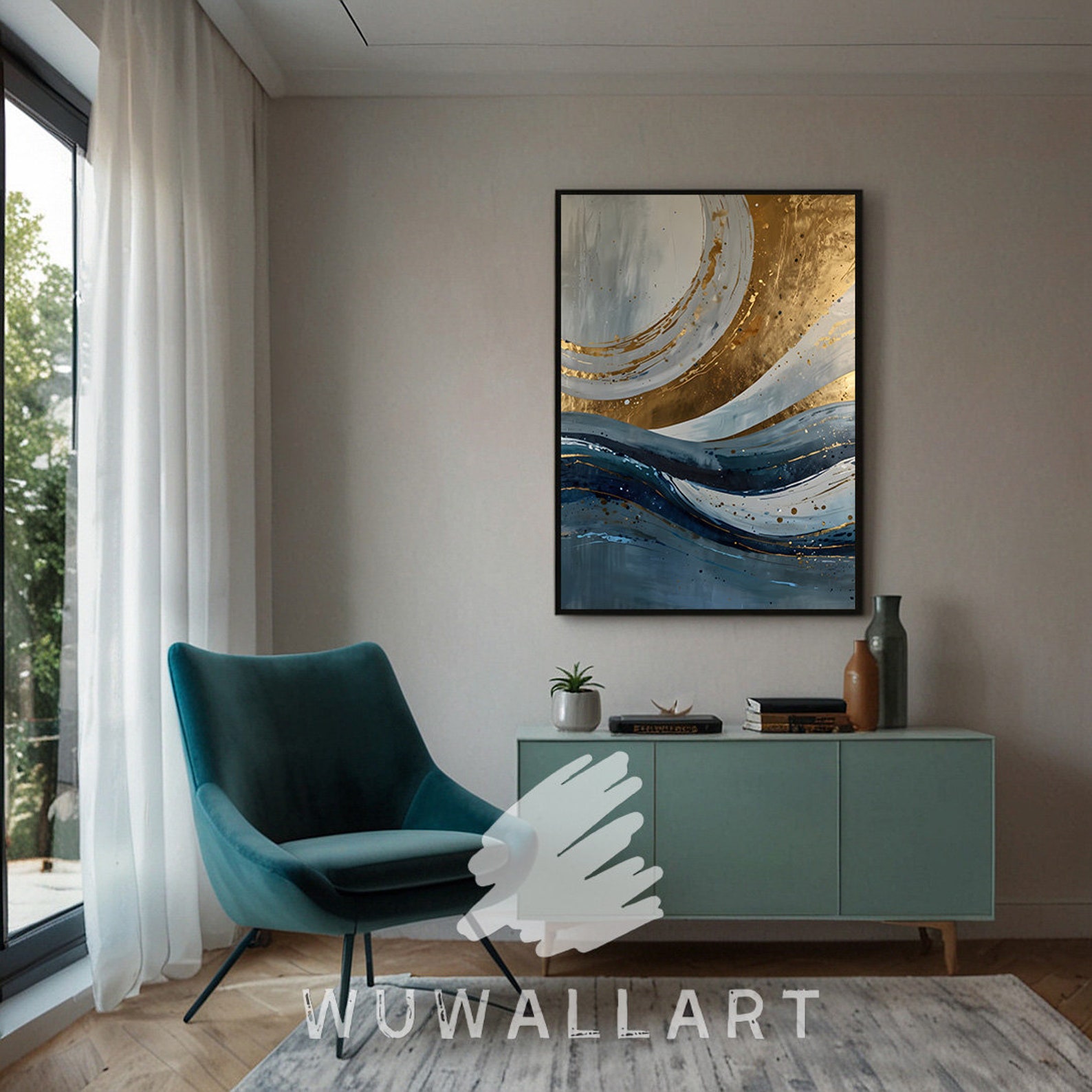 Blue and Gold Ocean Wave Abstract Art Print (digital Download) - Etsy
