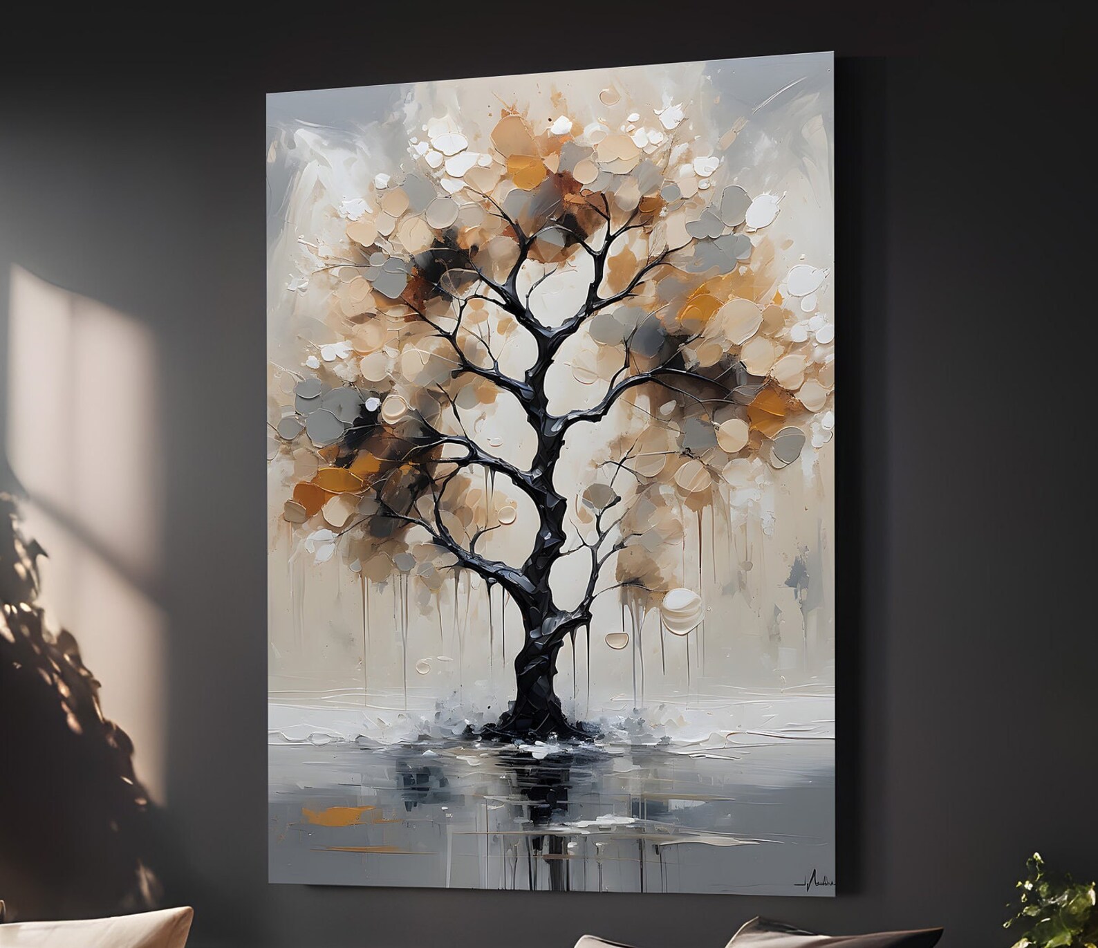 Abstract Tree Painting Print: Earthy Tones Misty Landscape (digital ...