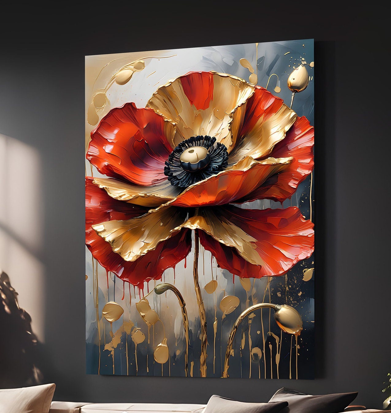 Red Poppy Flower Art: Abstract Painting With Gold Accents (digital ...