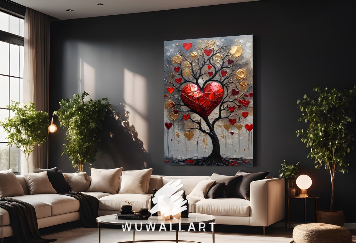 Large Abstract Heart Tree Wall Art With Gold Accents for Modern Home ...