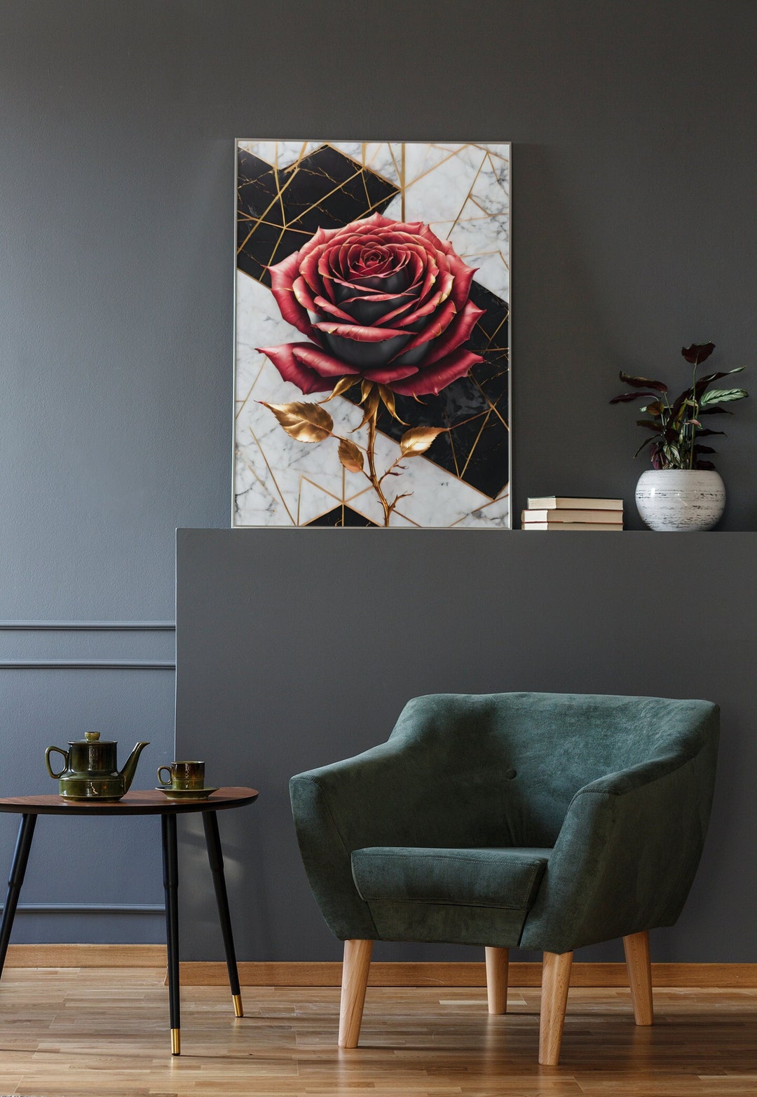 Maroon Rose With Golden Accents on Marble Background for Elegant Wall ...