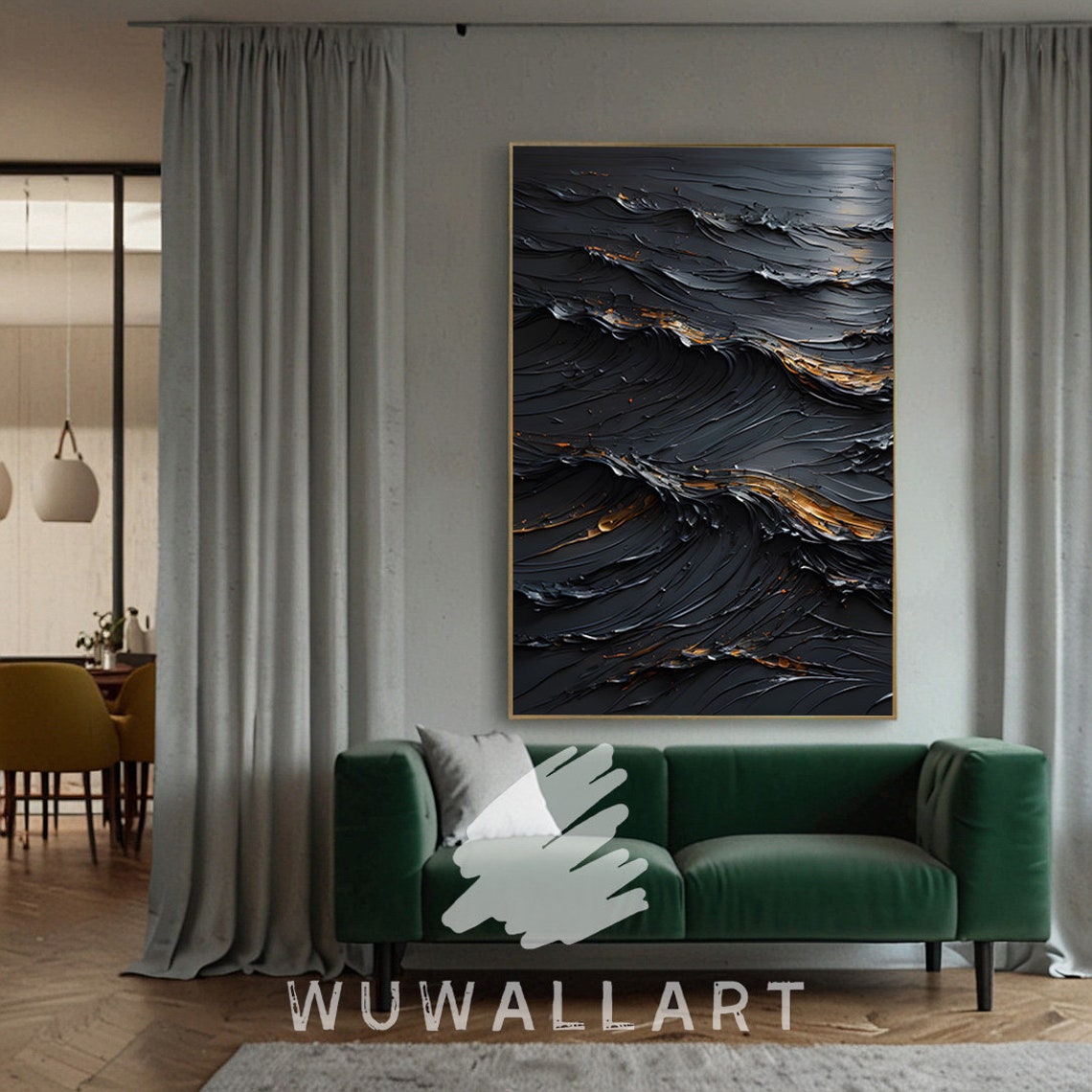 Dark Abstract Waves Digital Art - Textured Black and Gold Modern Wall ...