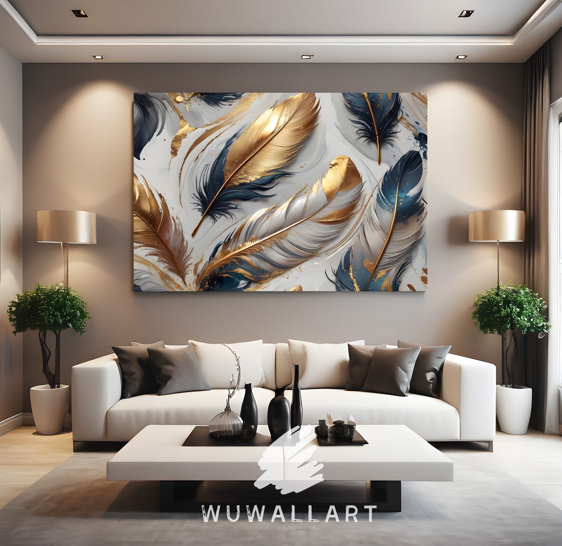 Elegant Abstract Feather Art - Gold and Blue Digital Download Wall ...