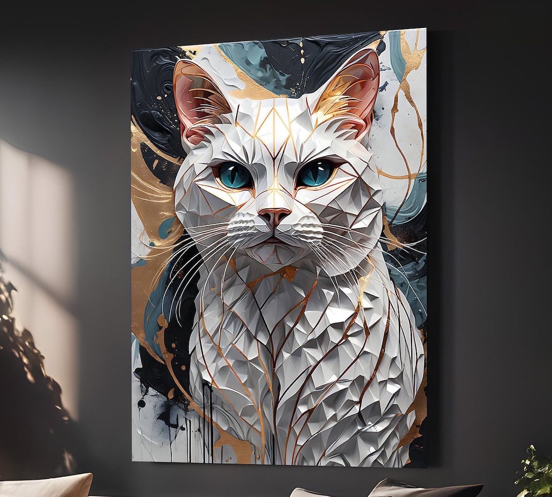 Geometric Cat Art Print: Gold & Blue Abstract Home Decor (digital ...